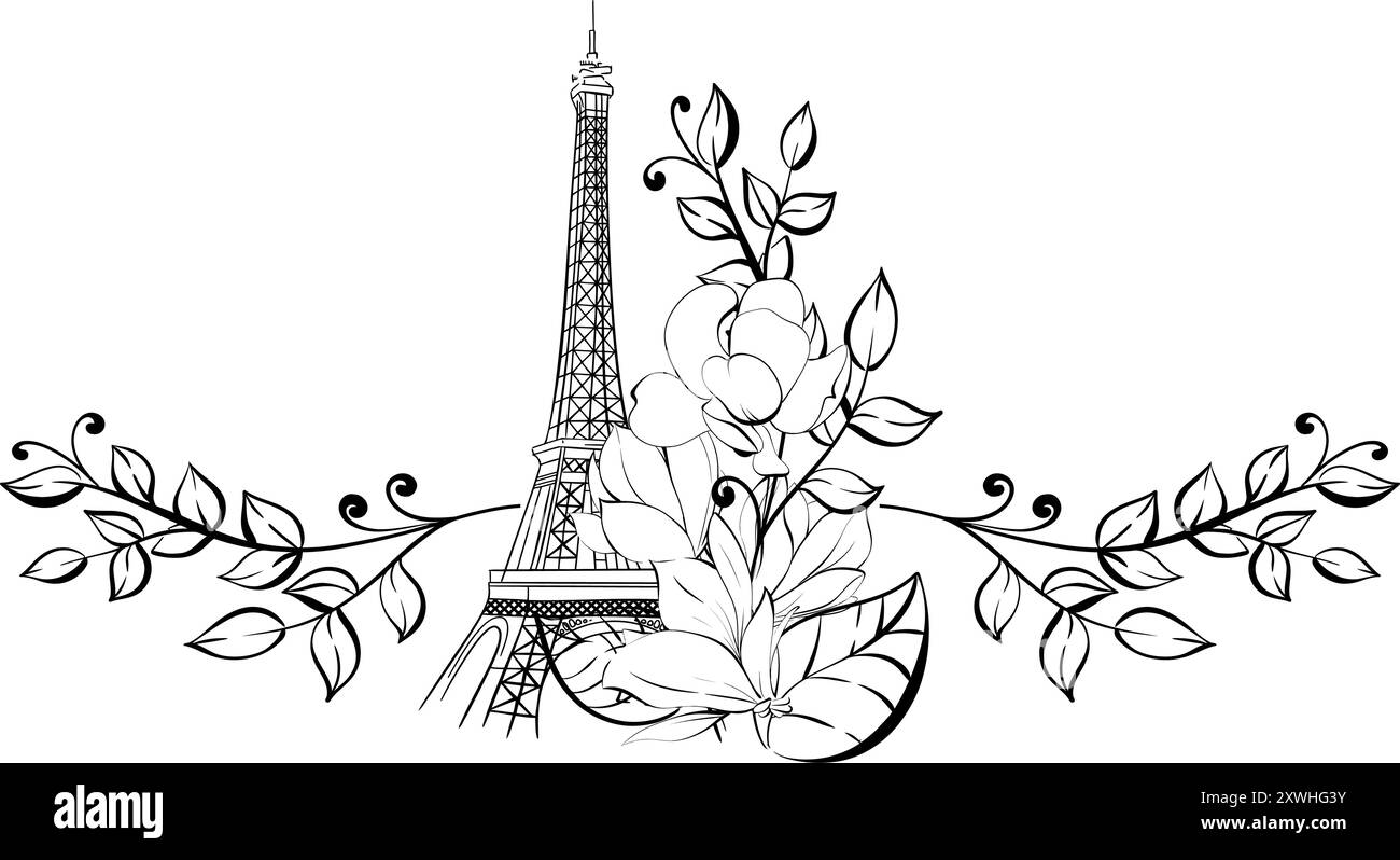 Vector illustration border Eiffel Tower and flower. Magnolia springtime ...