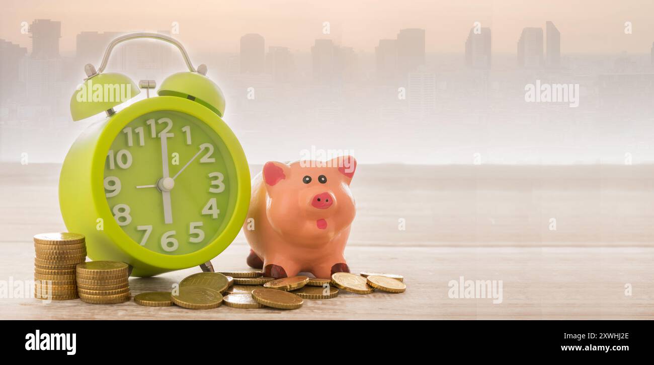 Money, alarm clock with city business background. Concept of retirement ...