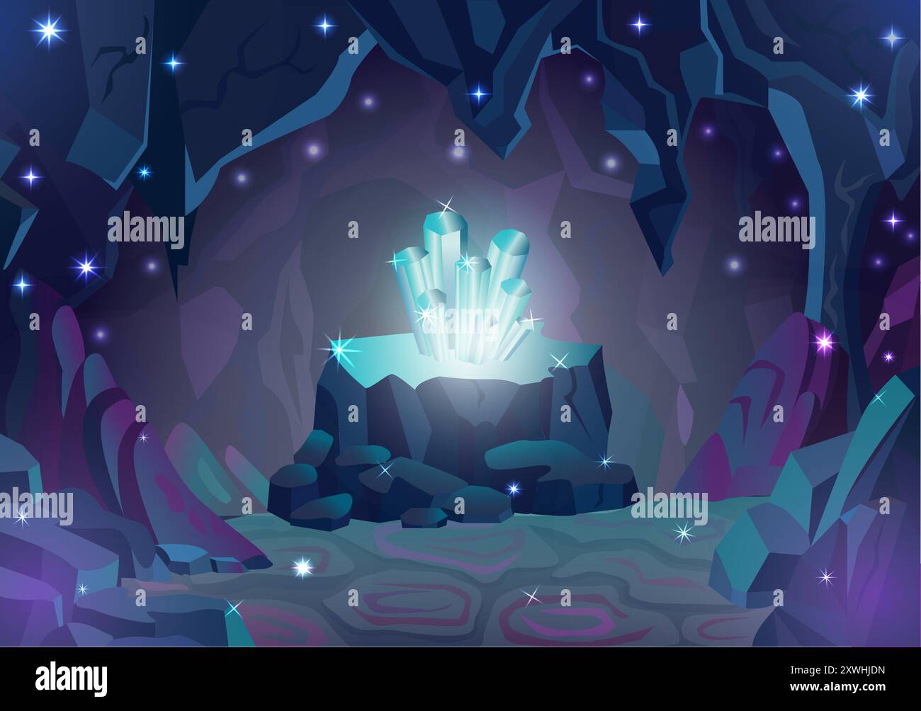 Magic underground cave or cavern landscape with gems, crystals and ...