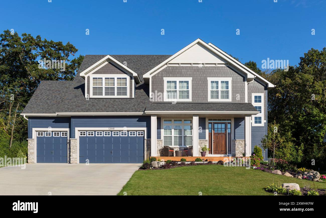 Blue White Trim House With Garage Blue House With Garage Doors
