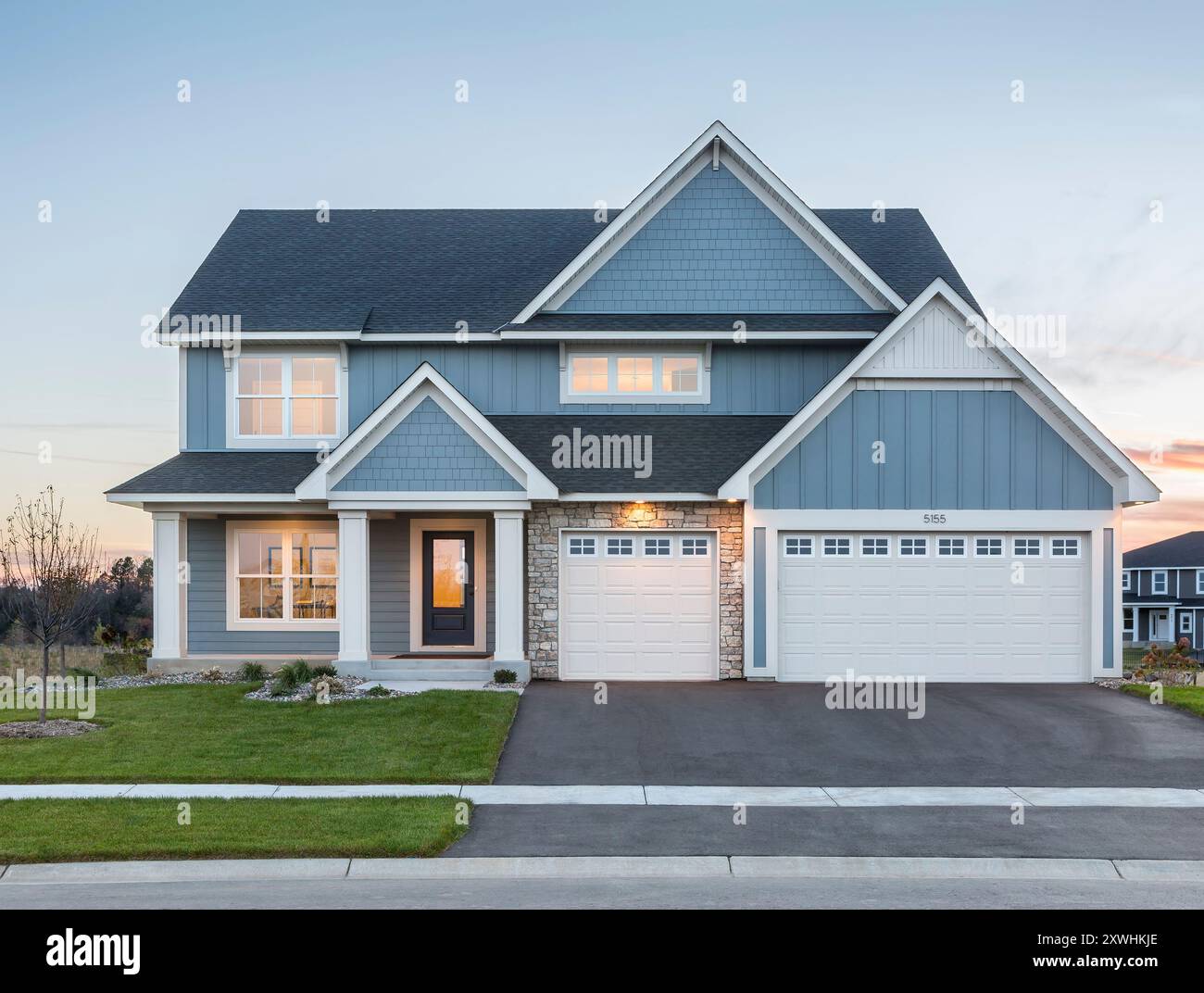 New blue gray house two story house with attached double and single ...