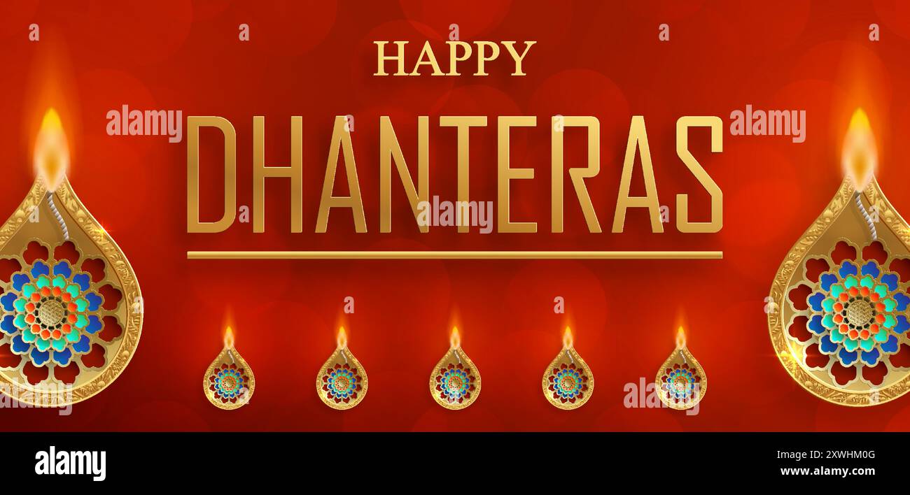 Happy dhanteras festival card with oriental elements and Diya lamp for ...