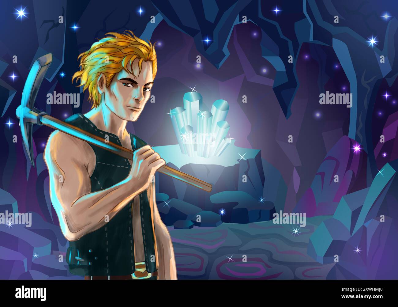 Brave and handsome young miner against magic underground cave ...