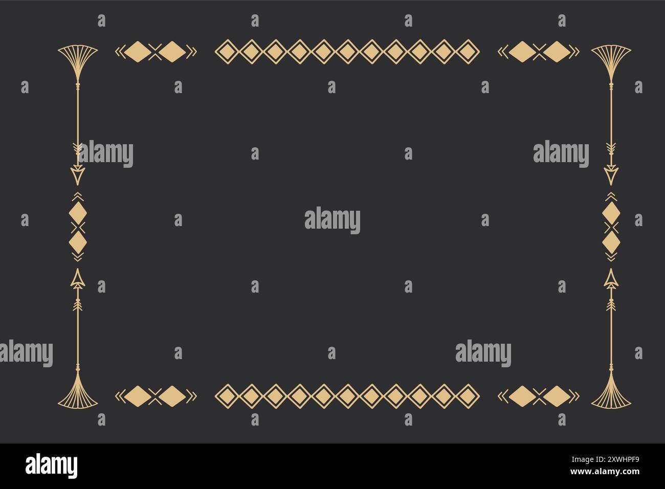 Gold frame with tribal native indian arrow, ornament. Border thin line ...