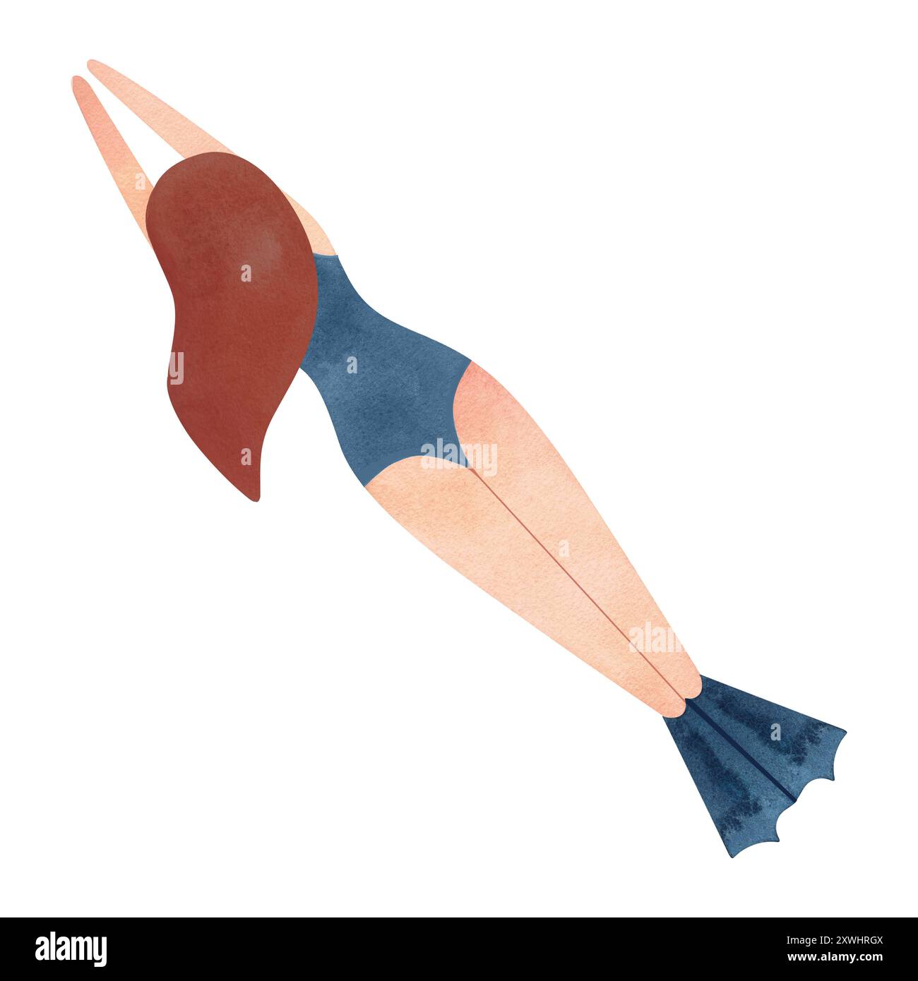 A woman swims underwater in fins and a mask. Watercolor isolated ...