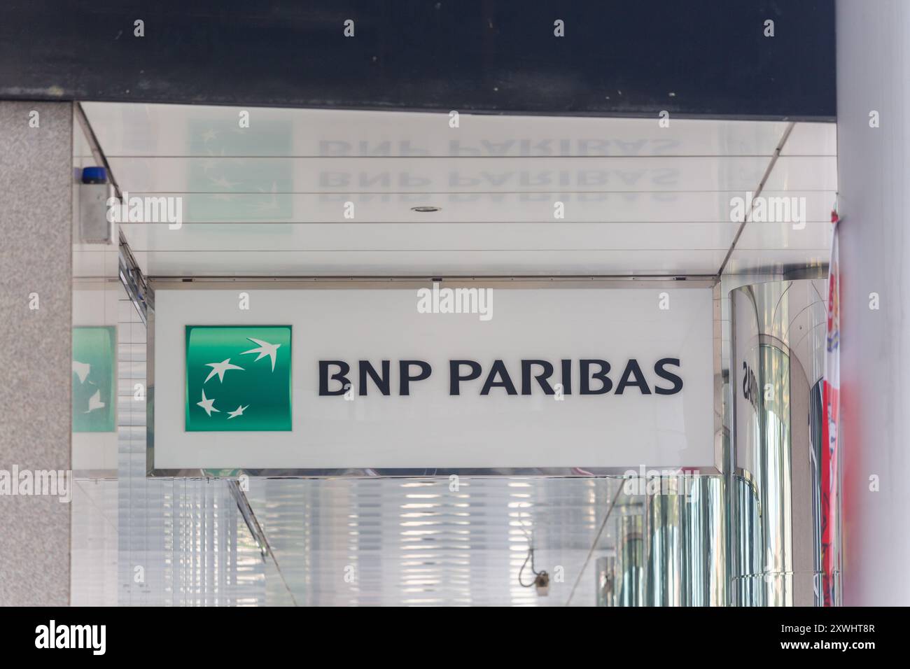 BNP Paribas bank logo installed on top of a ground floor ceiling for ...