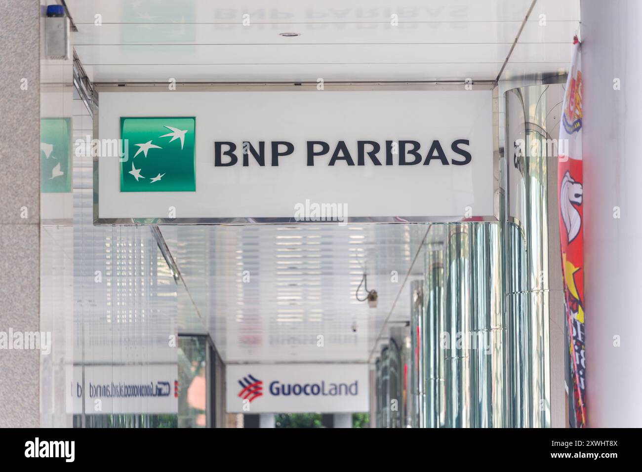 BNP Paribas bank logo installed on top of a ground floor ceiling for ...