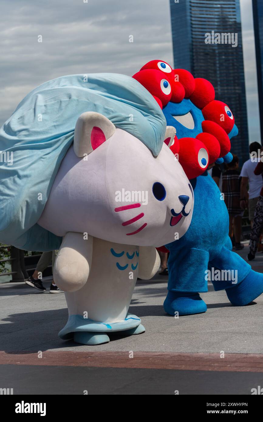 19 Aug 2024. Vertical view of cute Merlion mascot at Merlion Park ...