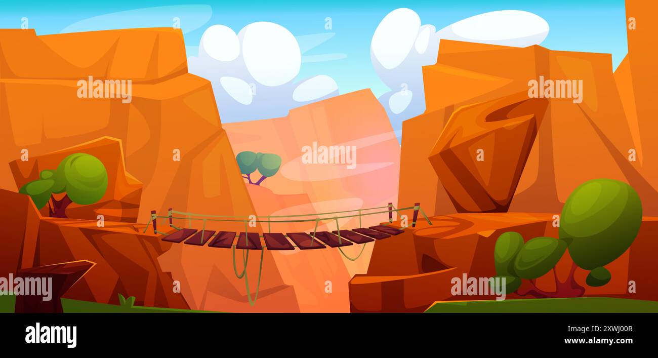 Wooden bridge on mountain cliff suspension edges over chasm in desert ...