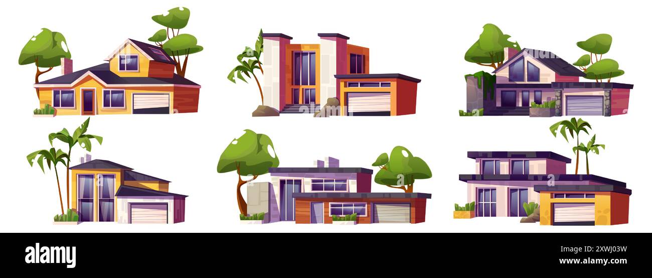 Modern luxury suburban mansion with garage and trees. Cartoon vector ...