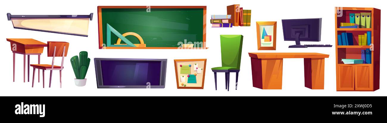 School classroom furniture set isolated on white background. Vector ...