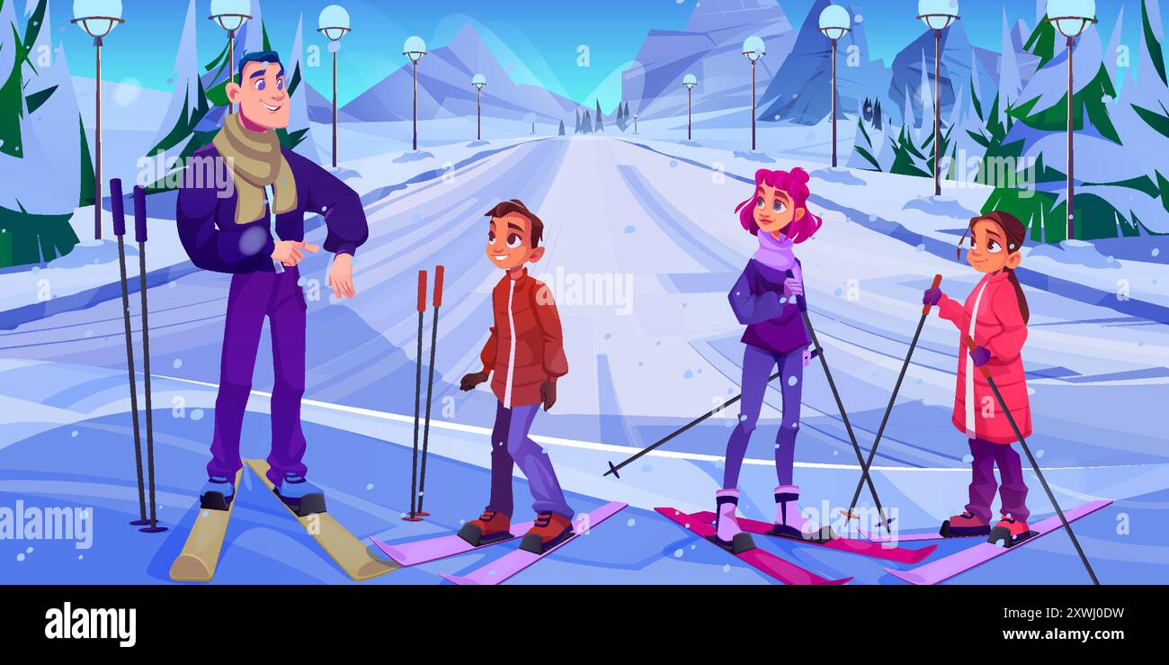 Skiing instructor training children in winter mountains. Vector cartoon ...