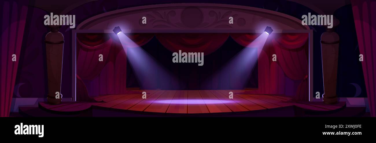 Cartoon empty theatre stage with red open velvet curtain and spotlights ...