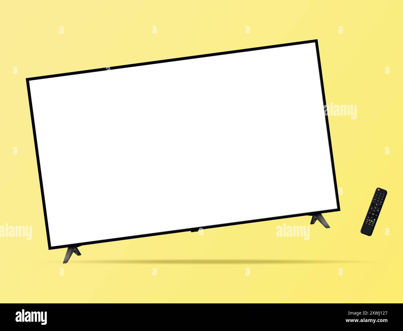TV screen with remote control floated on yellow background. Vector ...