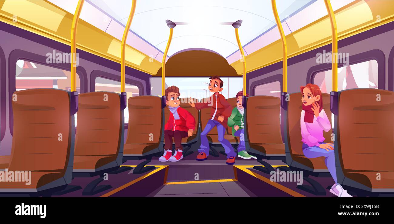Bullying scene in school bus. Vector cartoon illustration of conflict ...