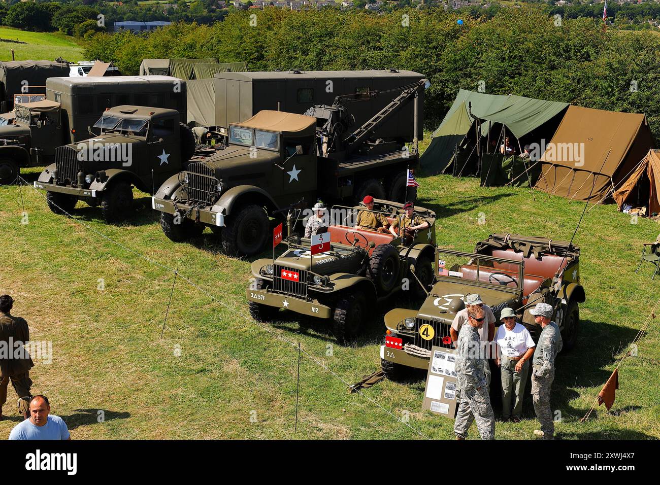 An elevated view of military vehicles on display at The Yorkshire Wartime Experience in ...