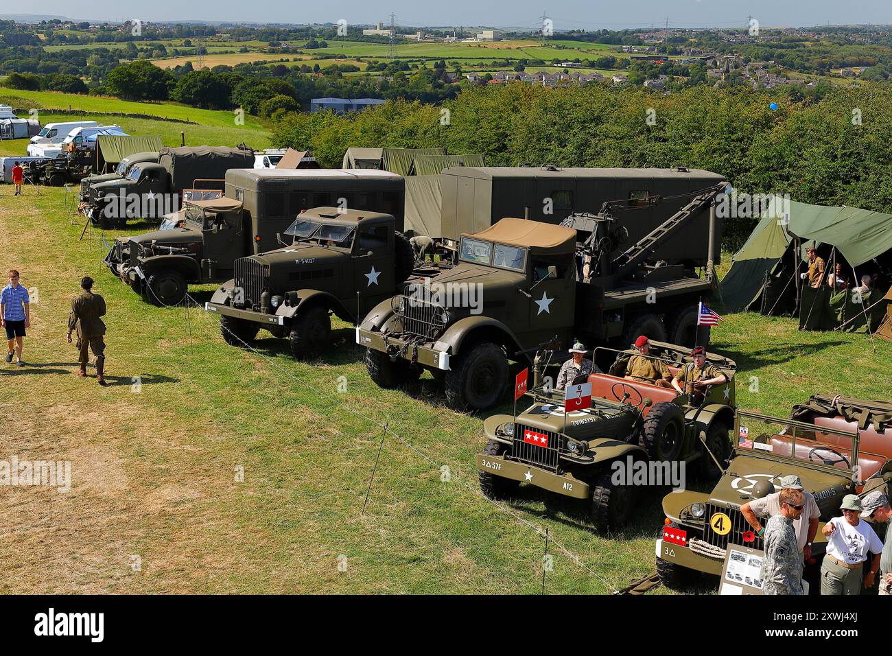 An elevated view of military vehicles on display at The Yorkshire Wartime Experience in ...
