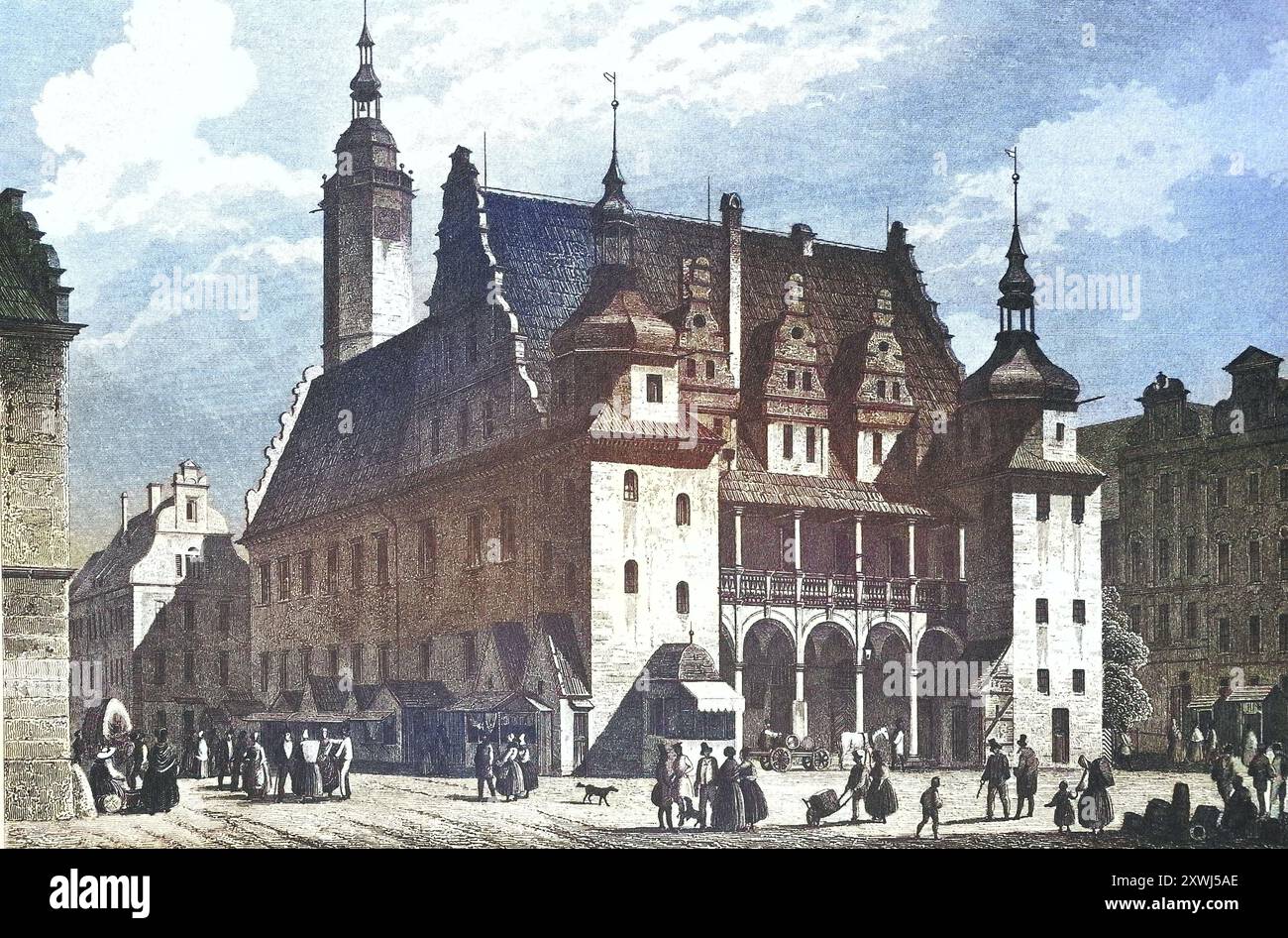 Historical view, 19th century, of the town and town hall of Brieg ...