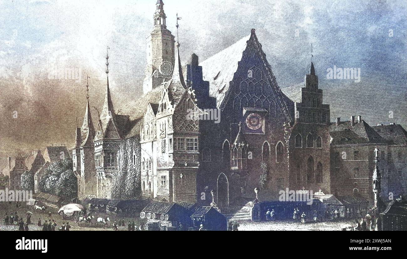 Historical view, 19th century, of the city and town hall of Breslau ...