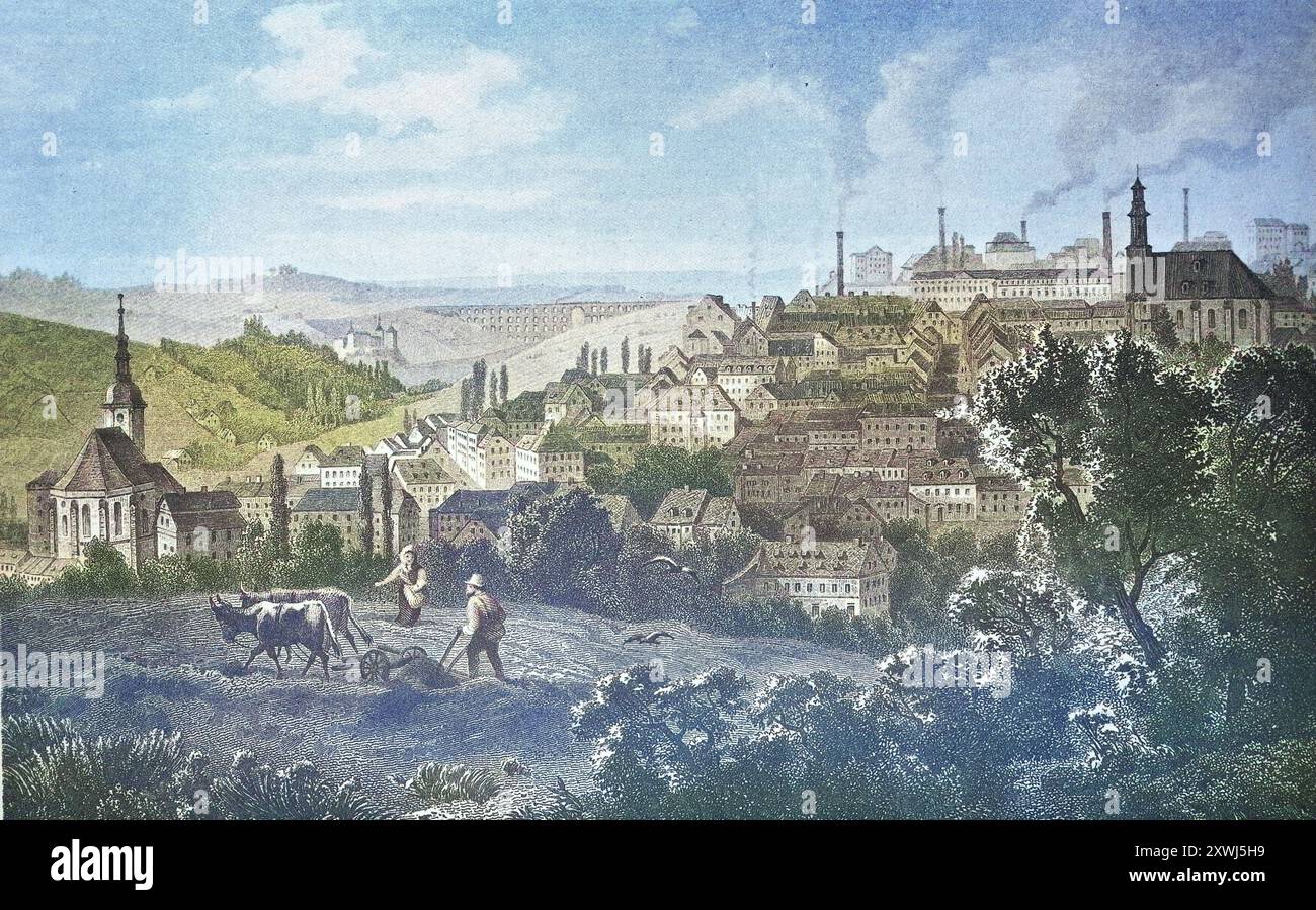 Historical view, 19th century, of the town of Reichenbach, Saxony ...