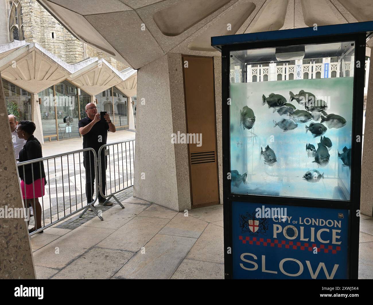 London, UK. 14th August 2024. The police sentry box with the Banksy ...