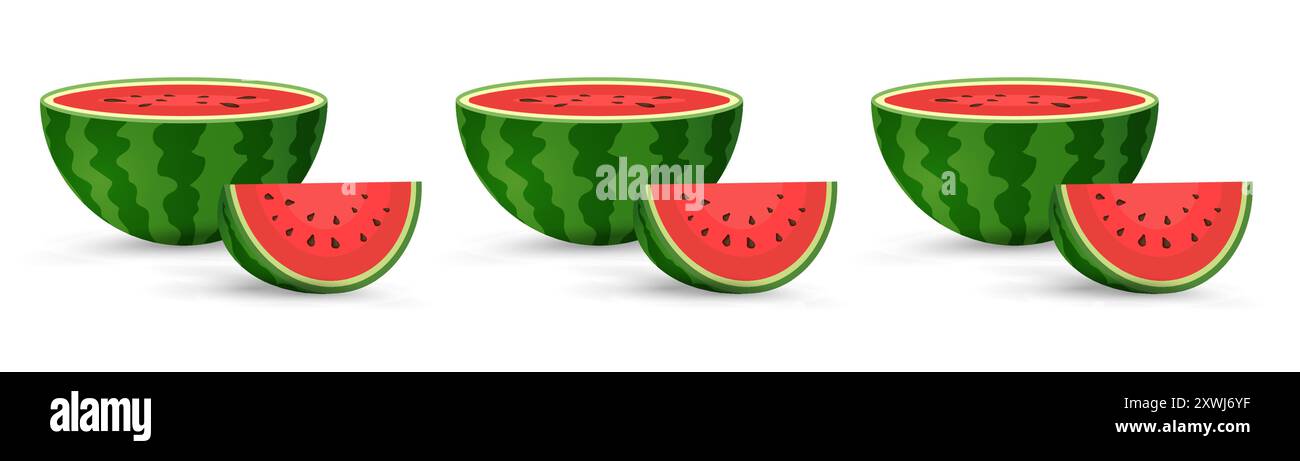 Watermelons organic fruit in half cut, slices and triangle. Red ...