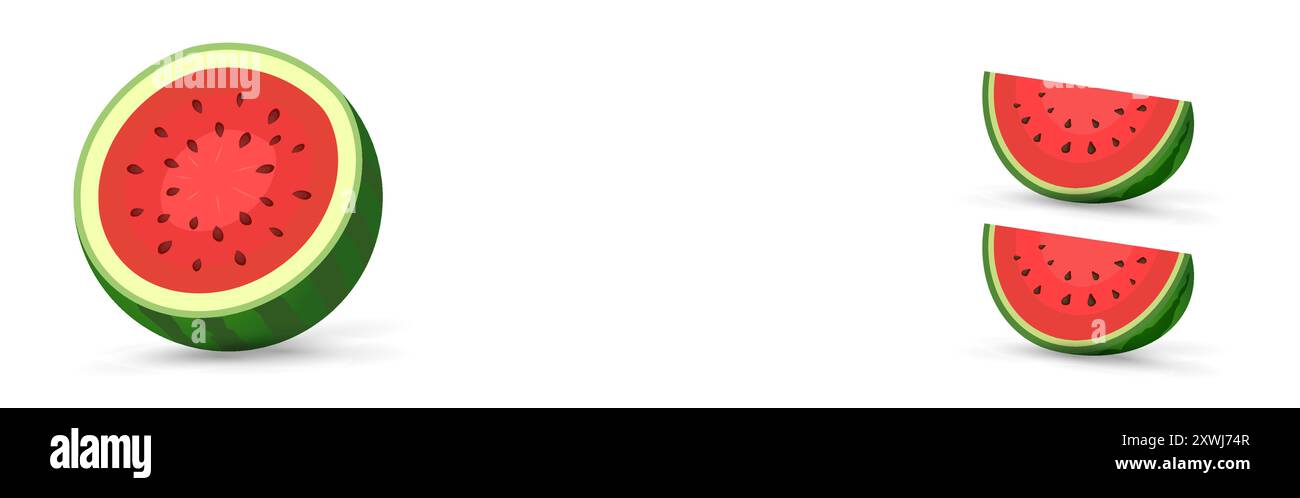 A Banner design for fresh green watermelon in cut of pieces, red part ...