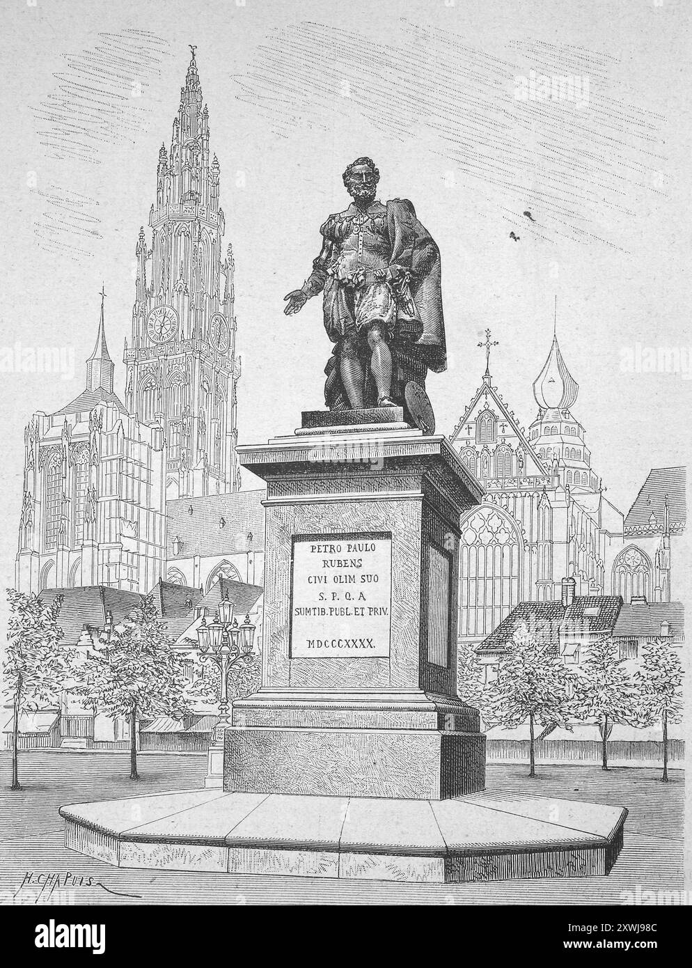 The statue of Rubens in Antwerp, Belgium, Historical, digitally ...