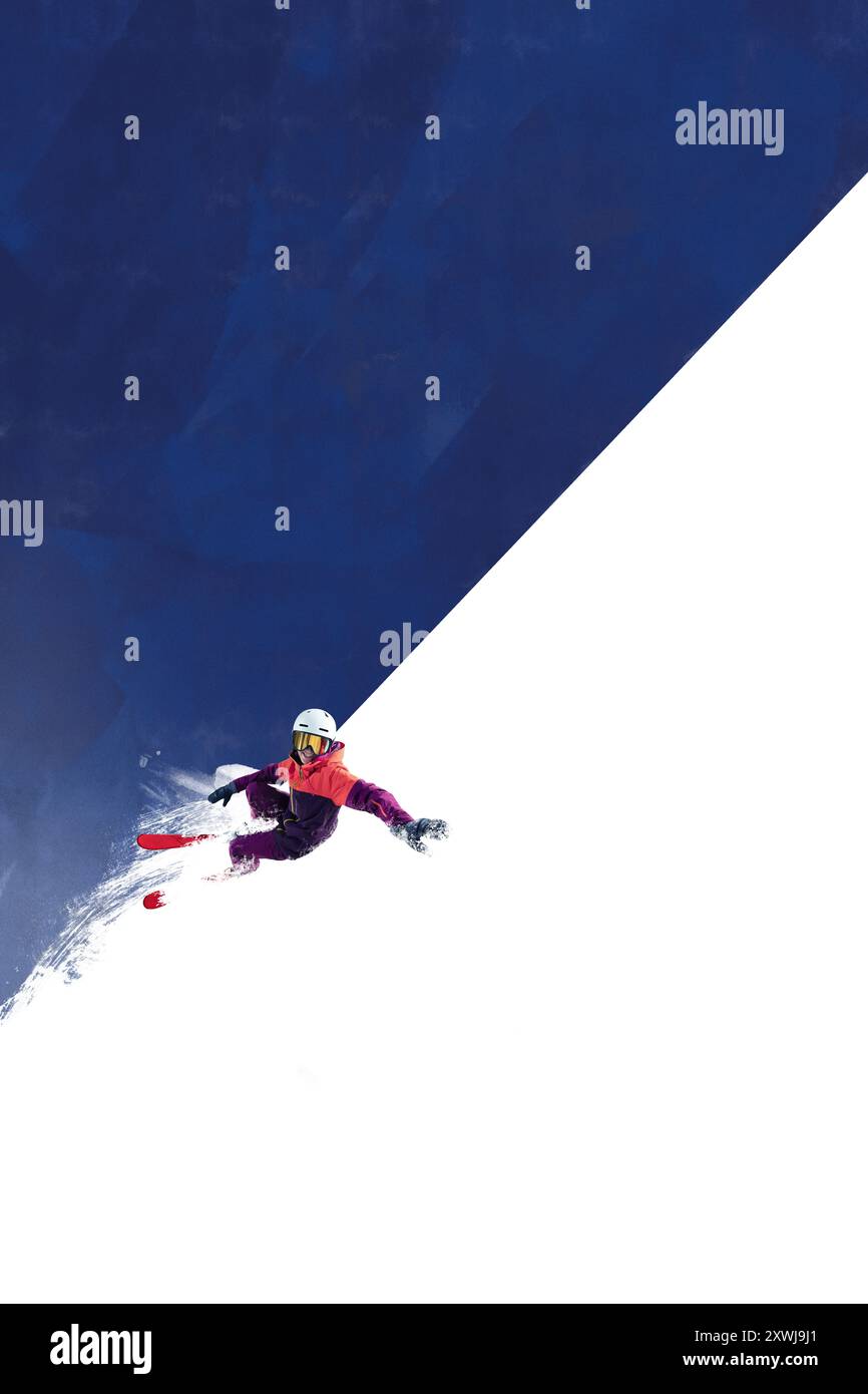 Focused woman in sportswear, snowboarding against abstract blue white ...