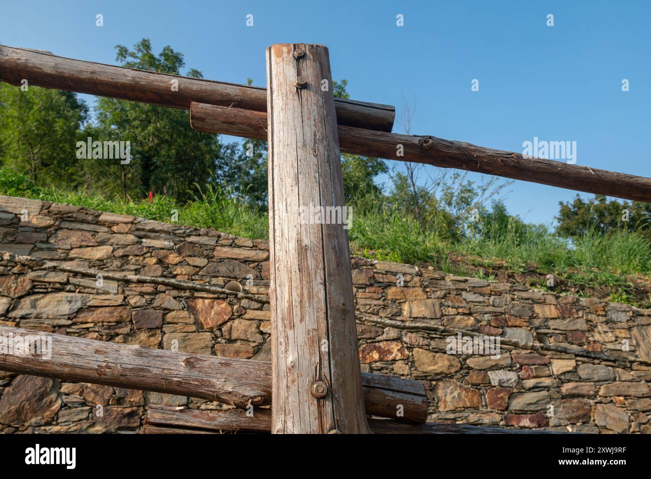 handrail for mountain path, detail of wooden fence with poles with ...