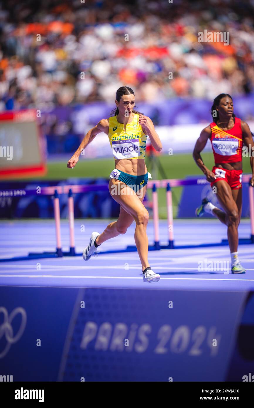 Alanah Yukich participating in the 400 meters hurdles at the Paris 2024 ...