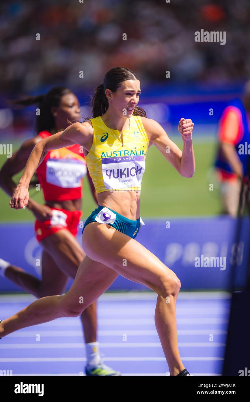 Alanah Yukich participating in the 400 meters hurdles at the Paris 2024 ...