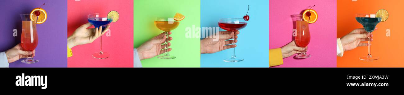 Variety of cocktails in people's hands on different colors backgrounds ...