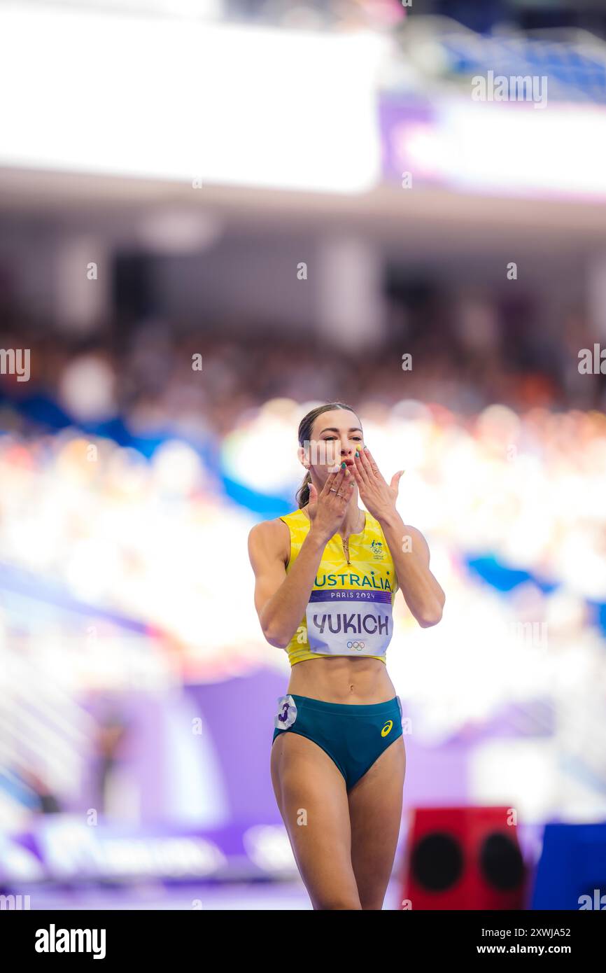 Alanah Yukich participating in the 400 meters hurdles at the Paris 2024 ...