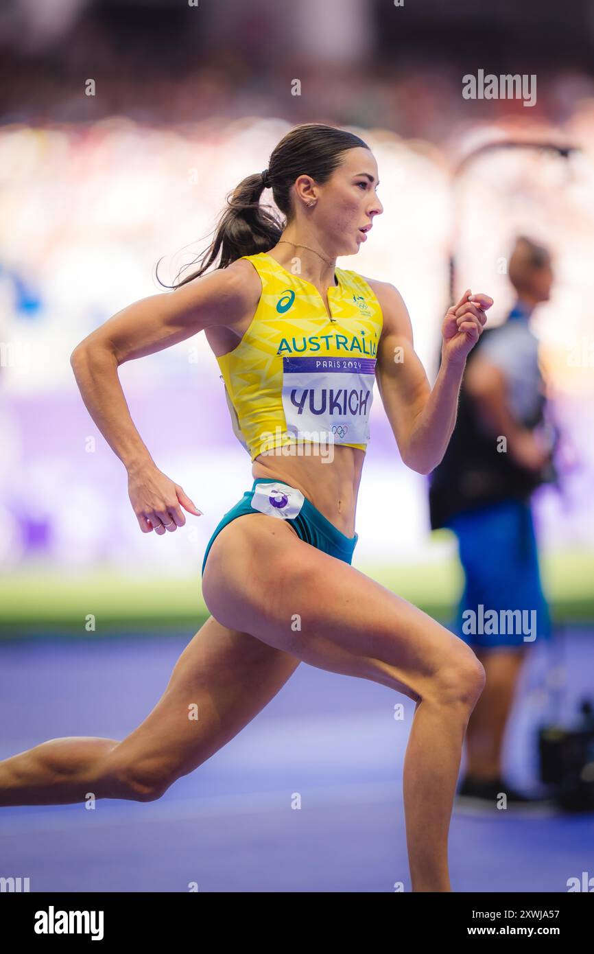 Alanah Yukich participating in the 400 meters hurdles at the Paris 2024 ...