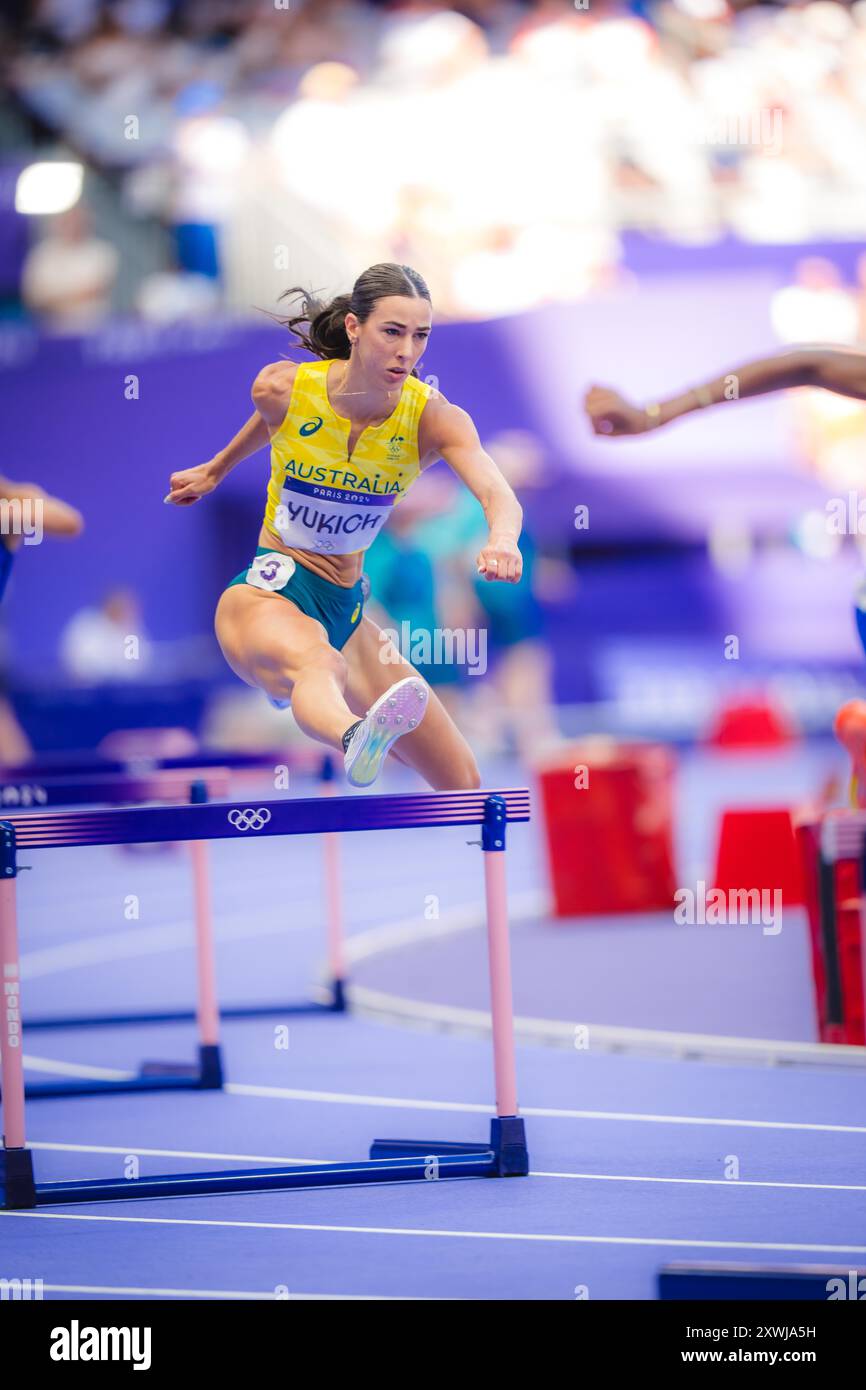 Alanah Yukich participating in the 400 meters hurdles at the Paris 2024 ...