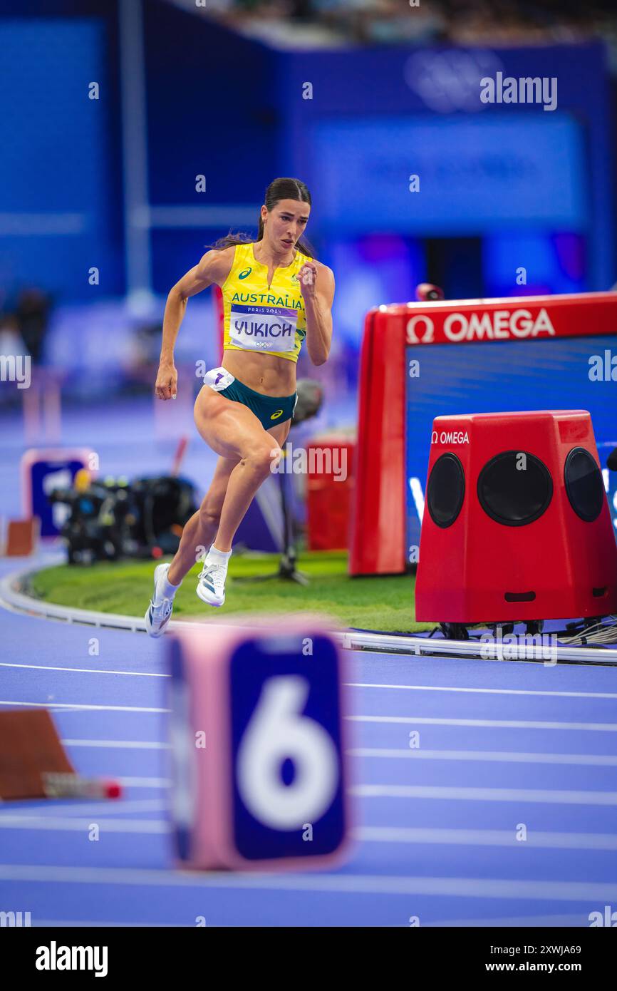 Alanah Yukich participating in the 400 meters hurdles at the Paris 2024 ...