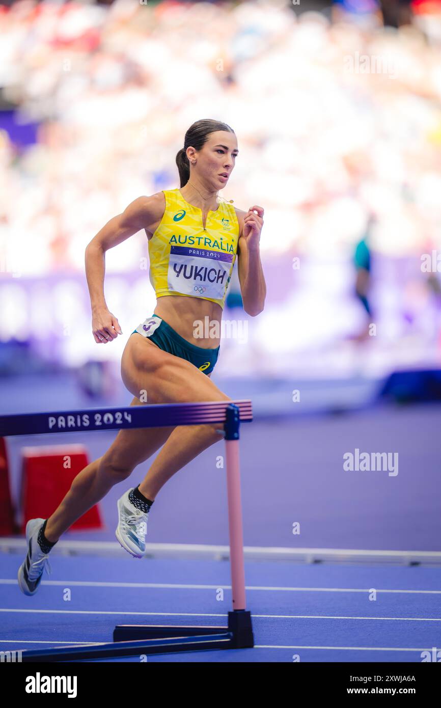 Alanah Yukich participating in the 400 meters hurdles at the Paris 2024 ...