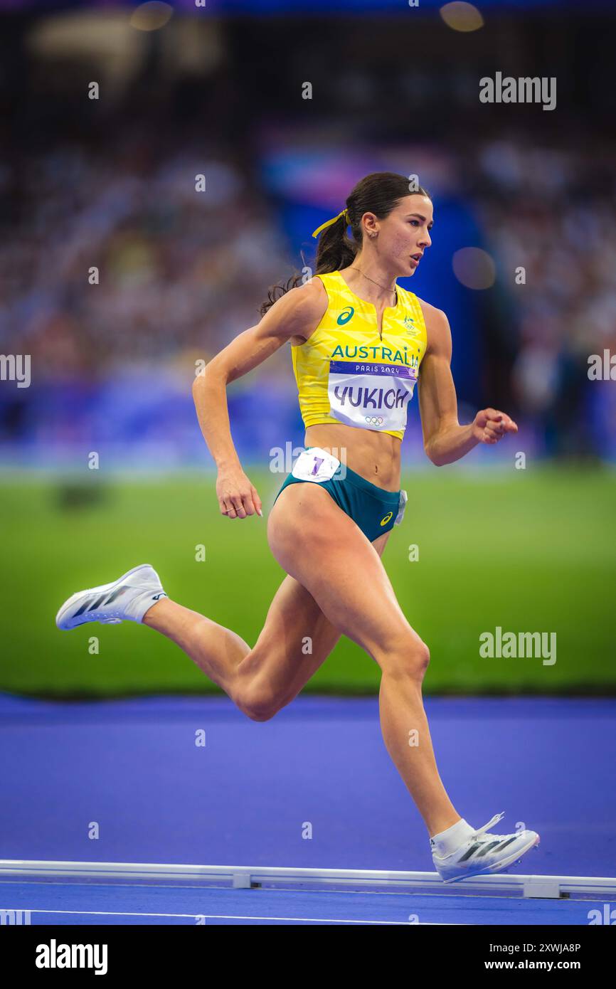 Alanah Yukich participating in the 400 meters hurdles at the Paris 2024 ...