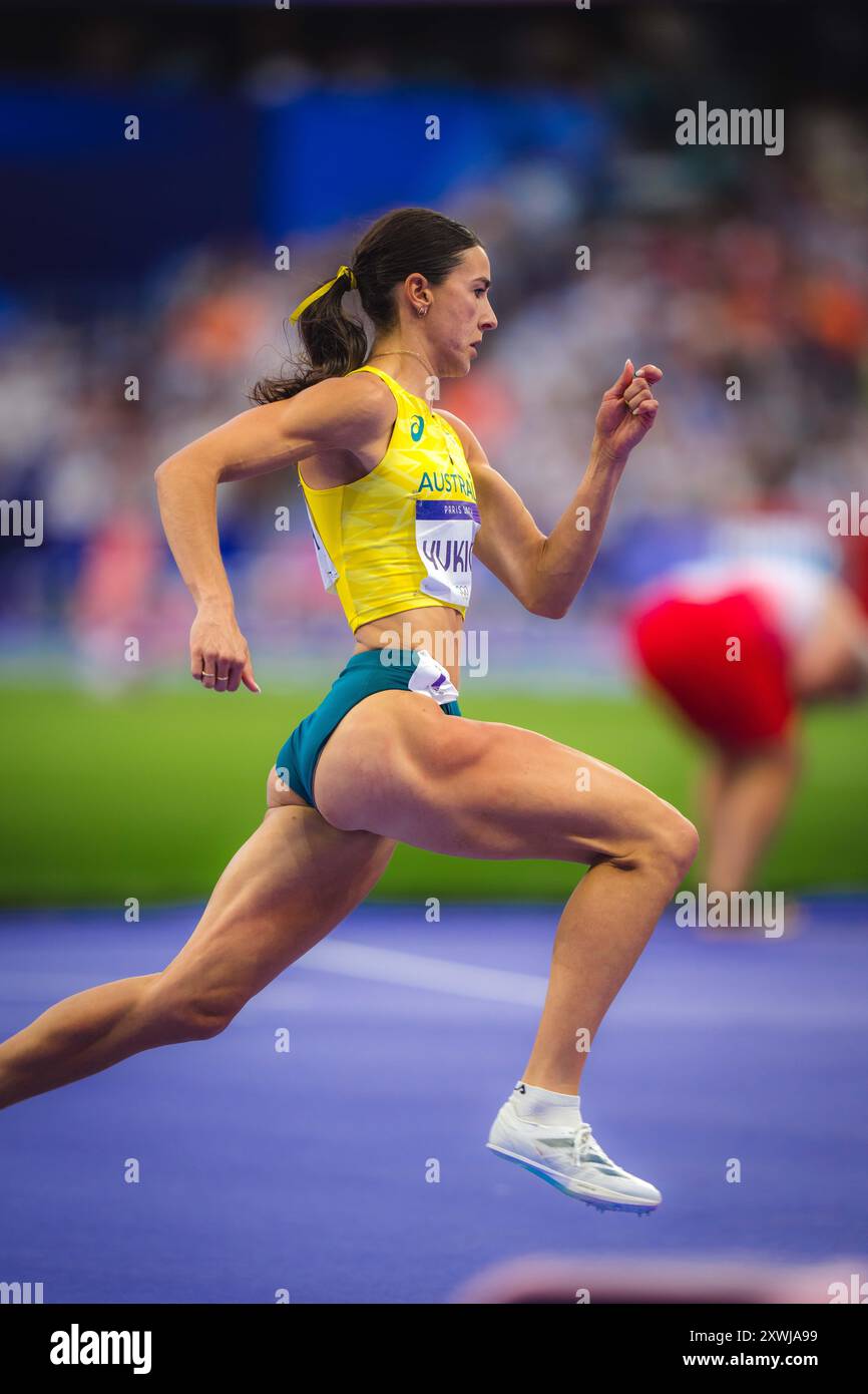 Alanah Yukich participating in the 400 meters hurdles at the Paris 2024 ...