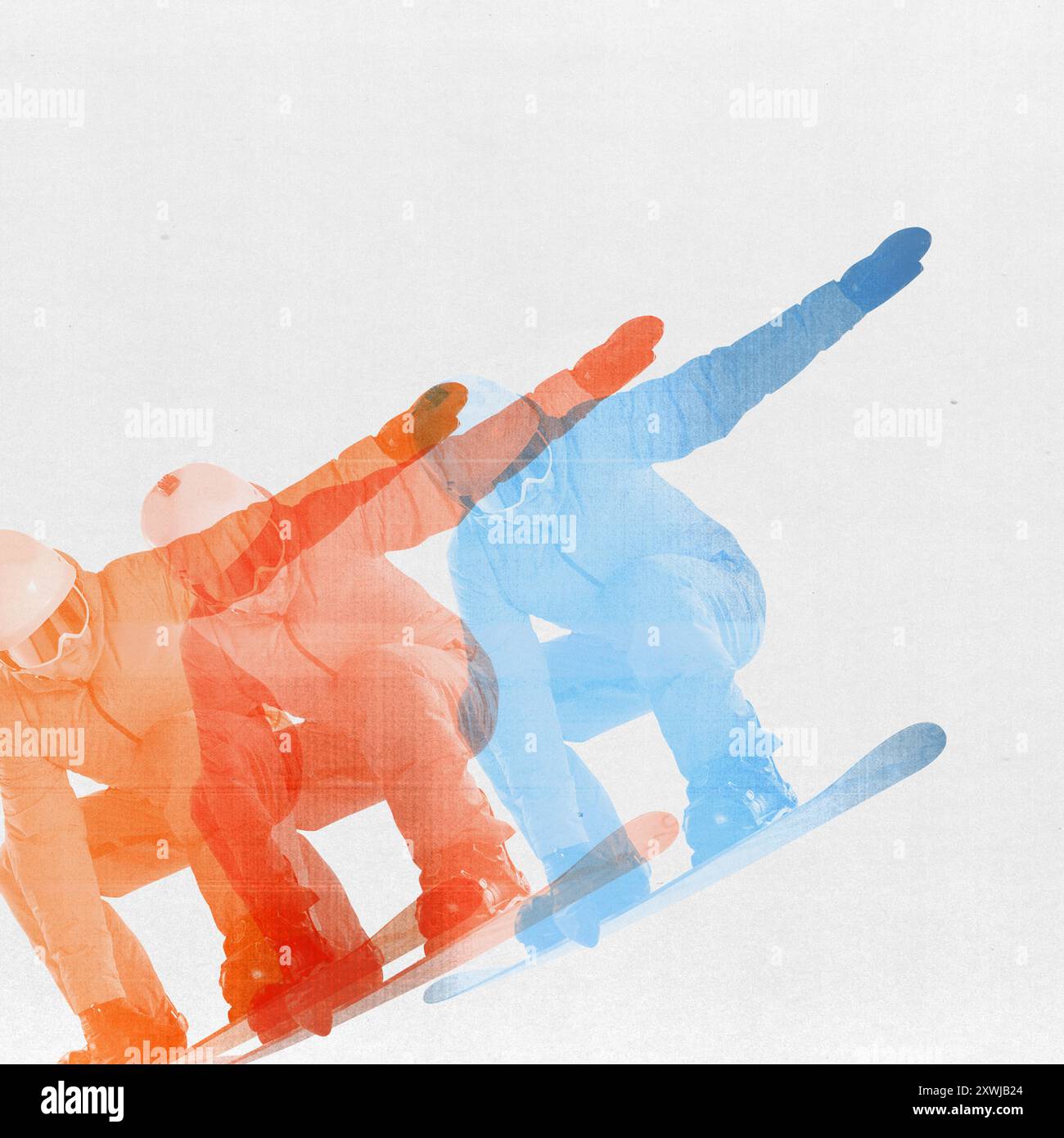 Man in winter clothes, helmet and goggles in motion on snowboard ...