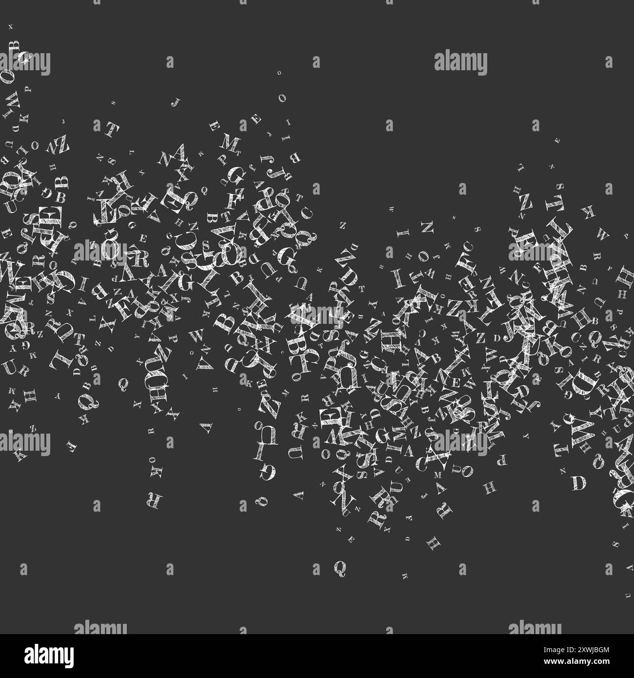 School notebook cover. White chalk floating letters of Latin alphabet ...