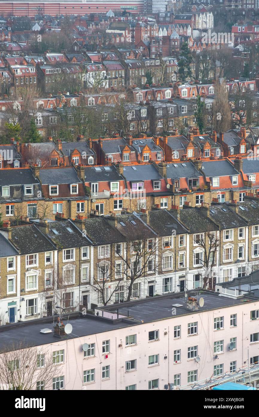 Aerial view of back to back terraced houses in London, England, UK ...