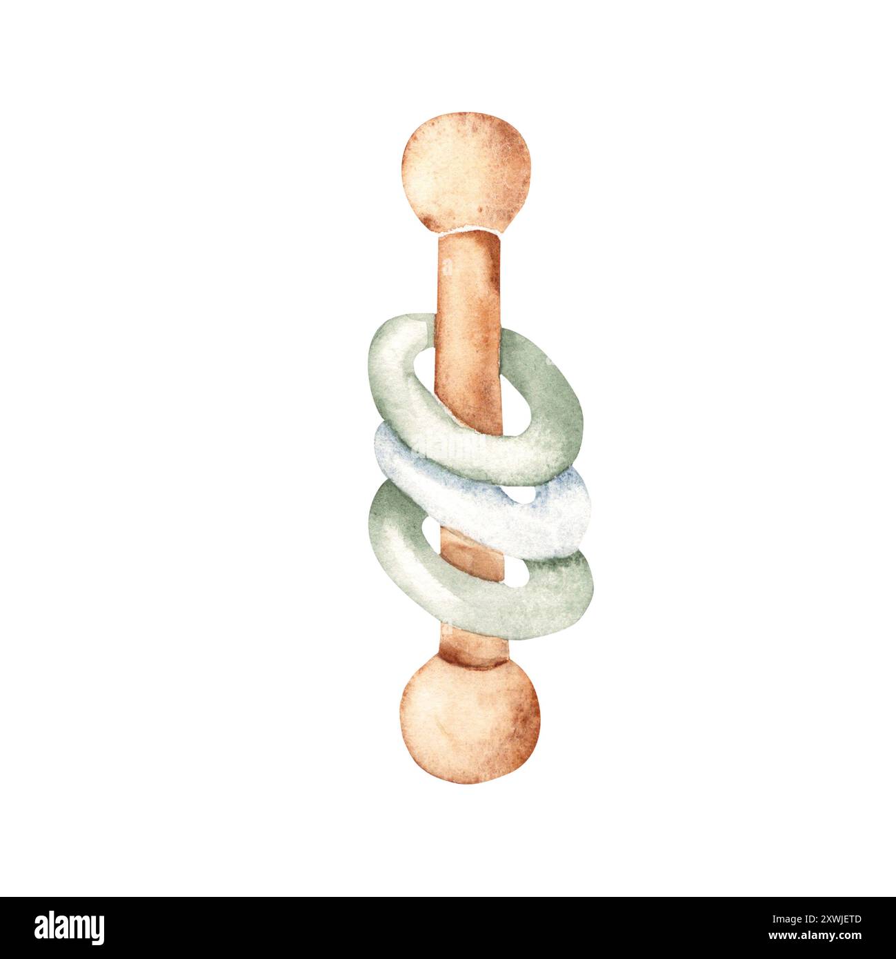 Wooden Rattle Eco Baby Toy. Watercolor hand drawn illustration in blue ...