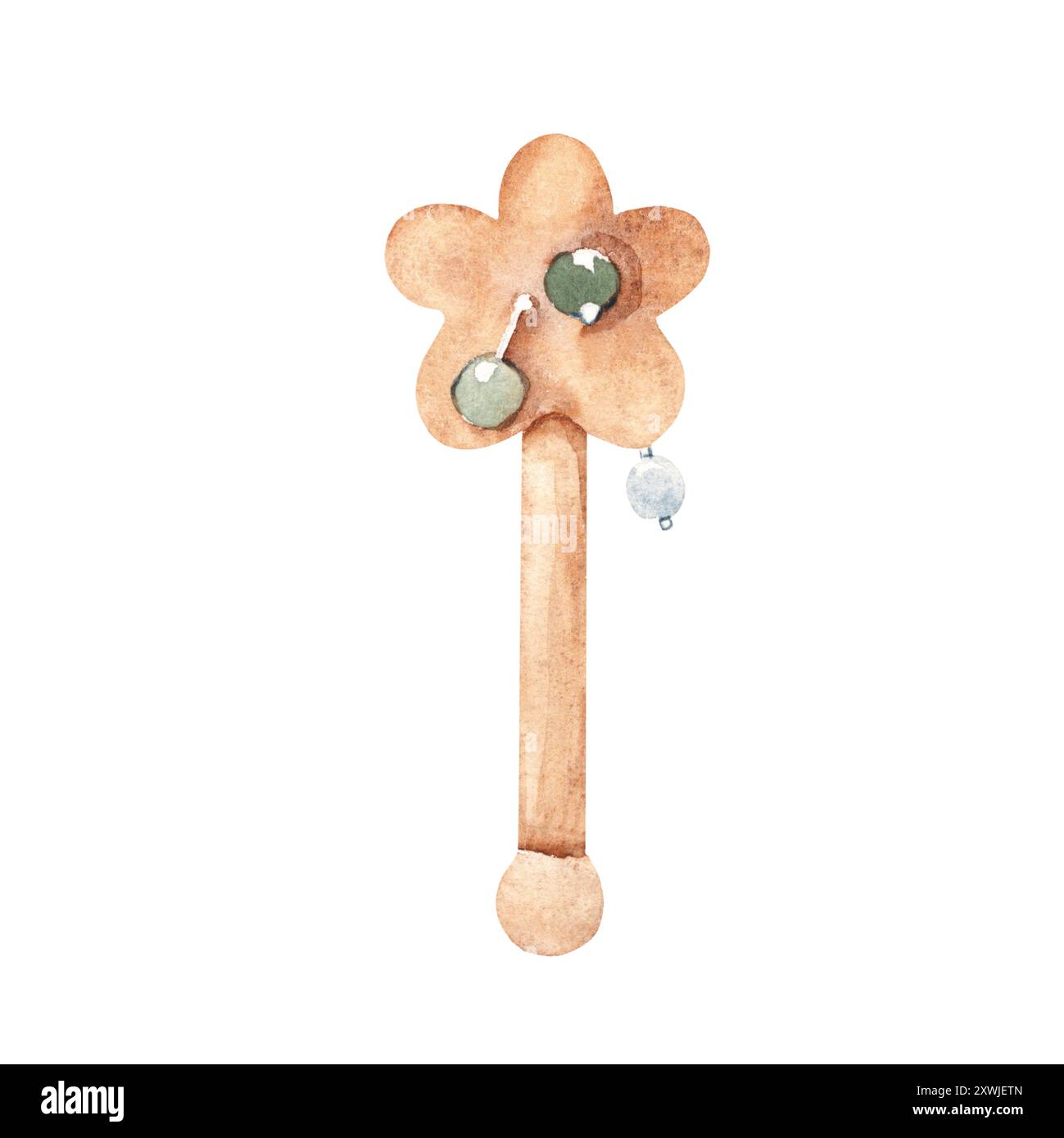 Rattle from Wood. Vintage Eco Baby Toy. Flower on a Stick. Watercolor ...