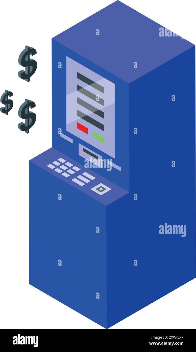 Blue atm machine dispensing cash, illustrating financial transactions in a modern, isometric ...