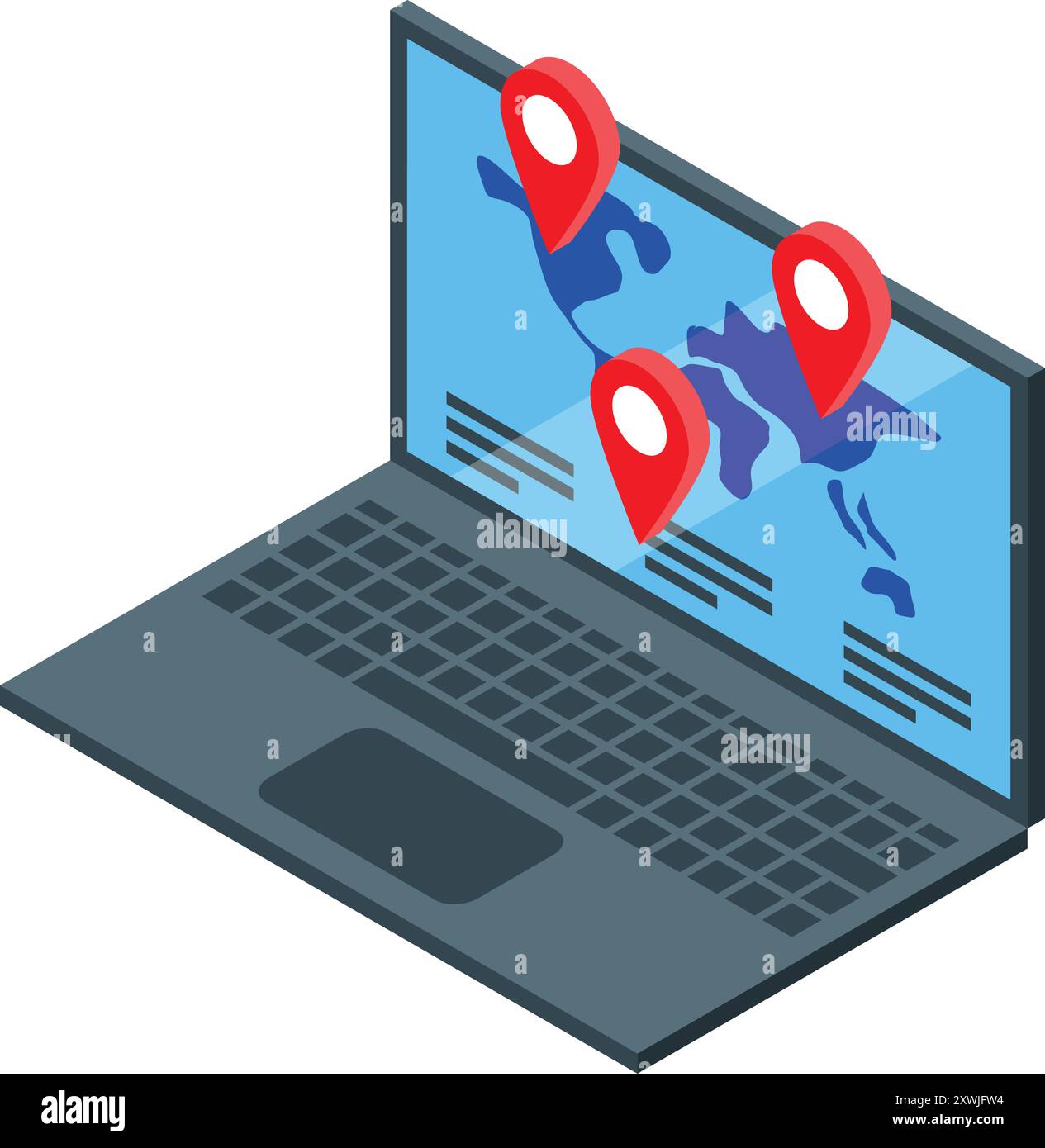 Laptop displaying a world map with location pins, representing travel planning and navigation ...