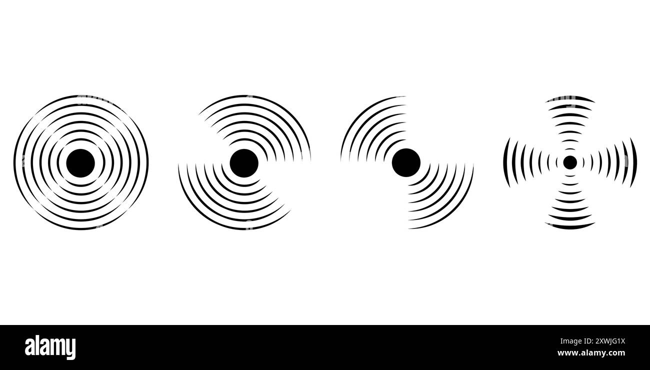 Set of circular ripple icons. Concentric circles with broken lines ...