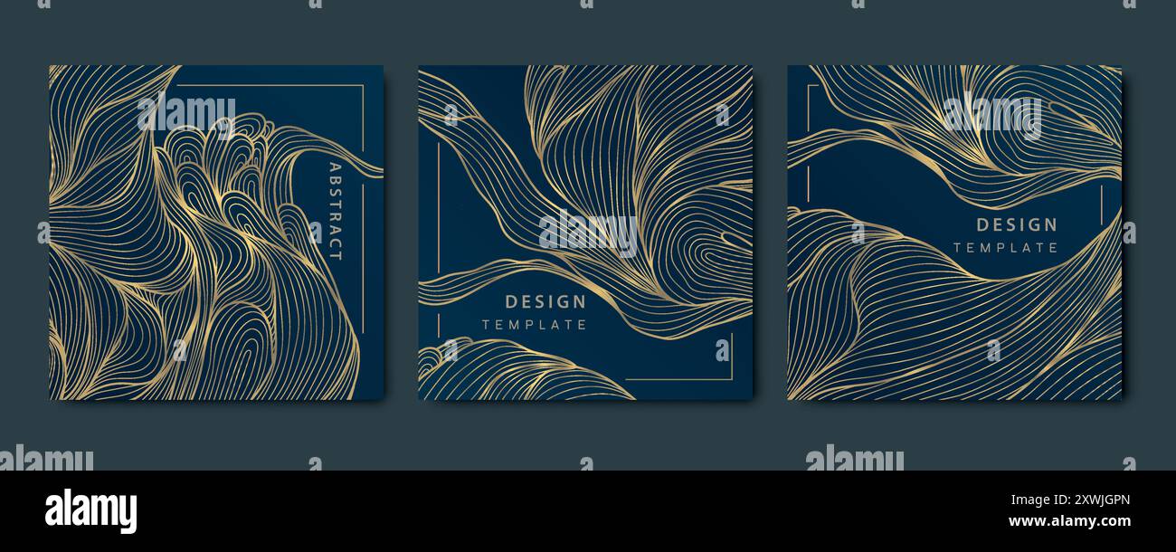 Vector set of wavy gold cards on blue, luxury line art texture, premium ...