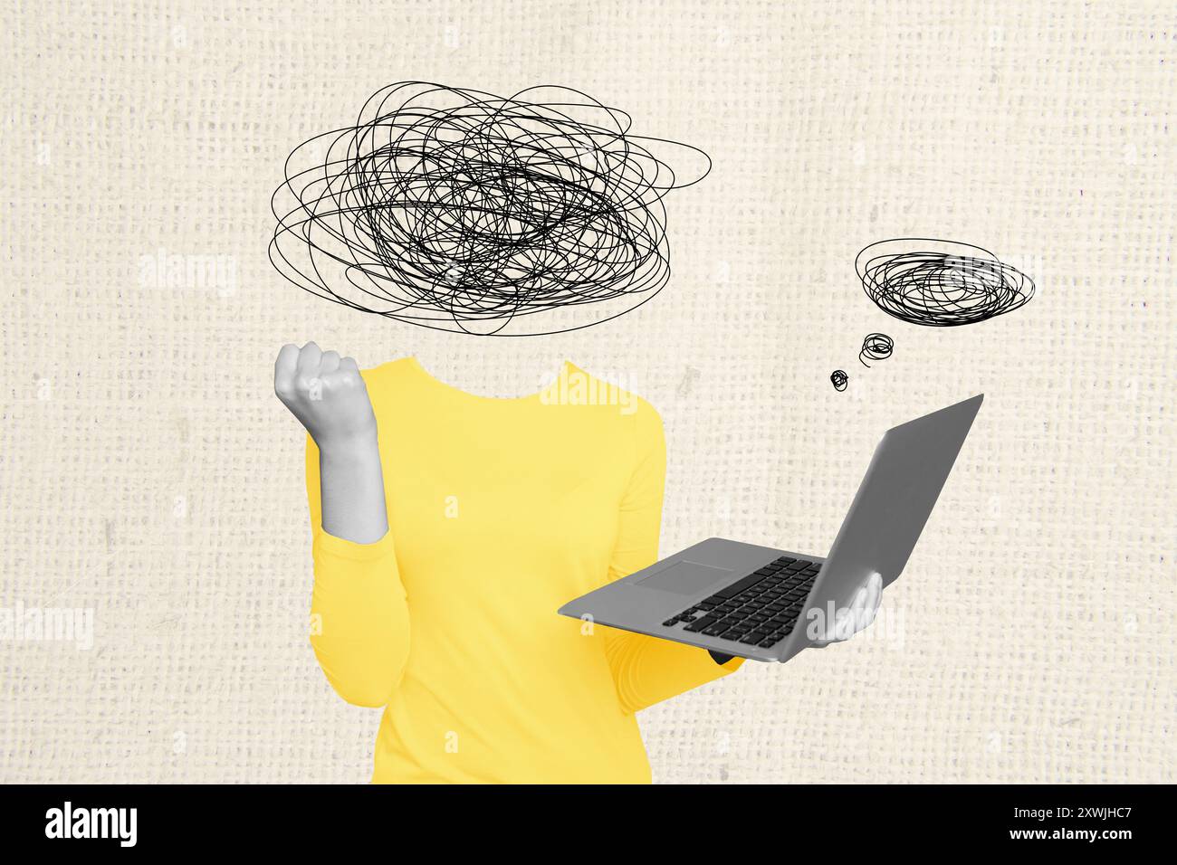 Collage artwork of funny unusual weird no face person hand hold modern ...